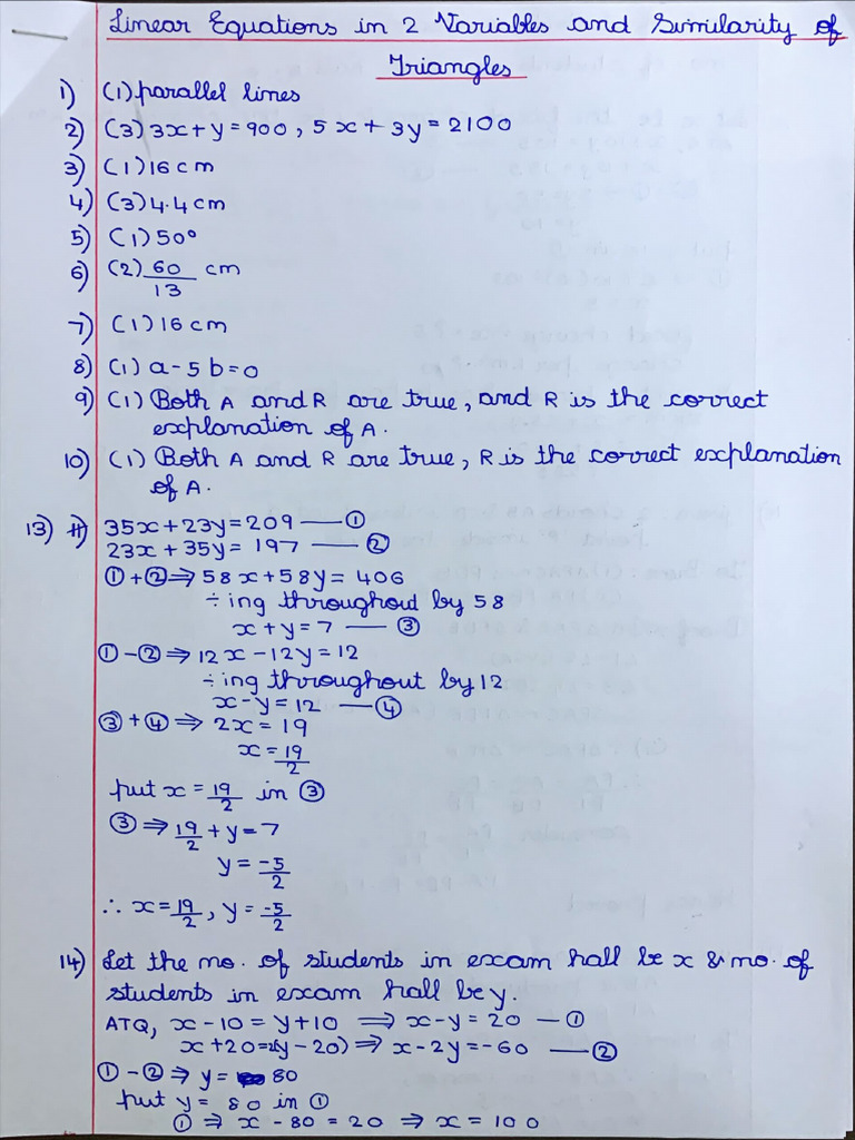 Linear Equations in 2 Variables and Similarity of Triangles Assignment ...