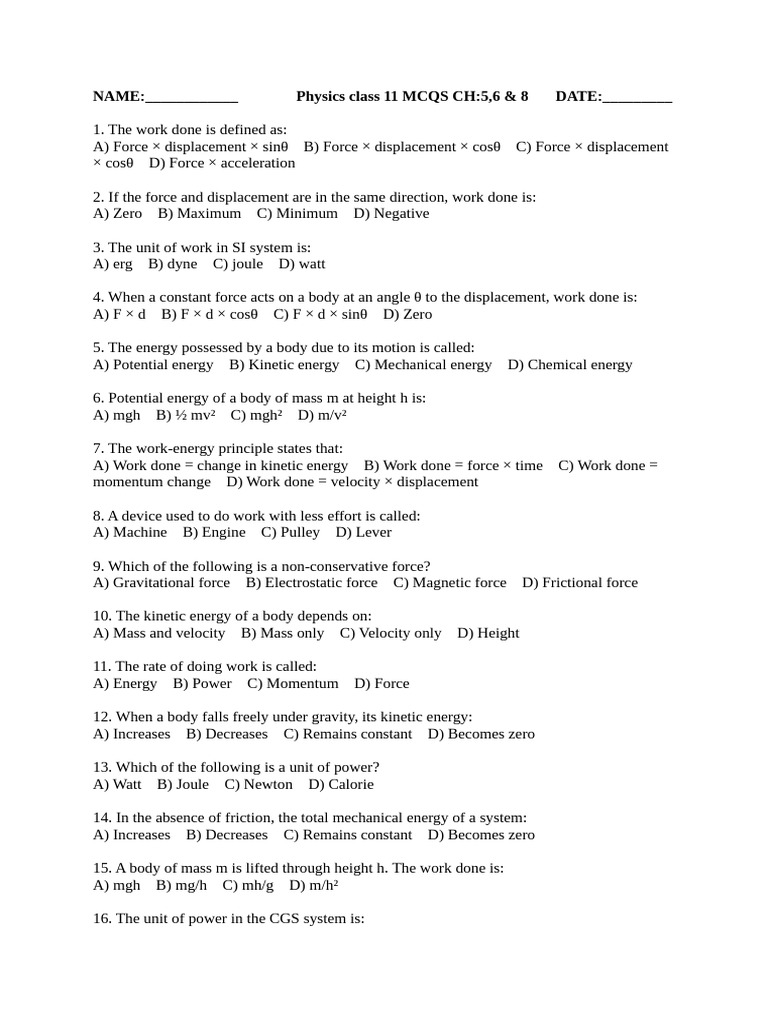Physics Mcqs Class 11 CH 5,6 & 8 | PDF | Force | Electric Field