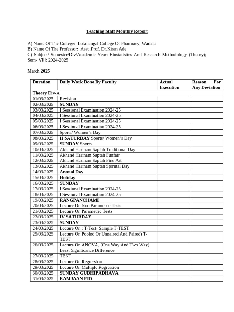 Teaching Staff Monthly Report MARCH KA | PDF | Student's T Test | Tests