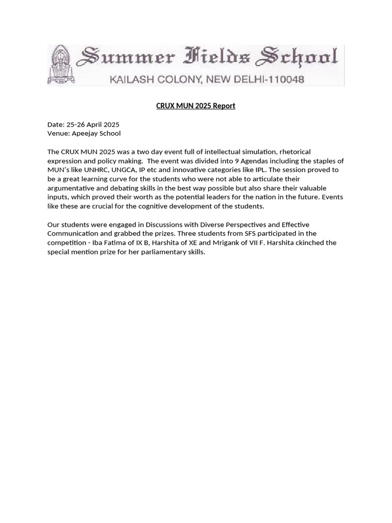 CRUX MUN 2025 Highlights and Outcomes | PDF