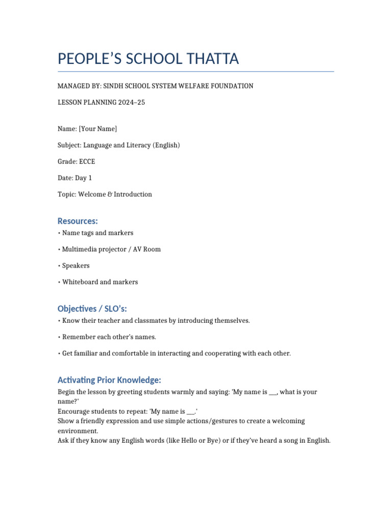 ECCE Language Lesson Plan Day 1 | PDF
