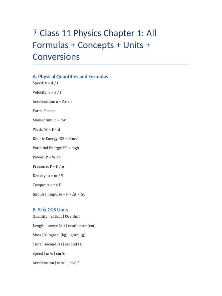 Full Chapter 1 Class11 Physics Formulas and Conversions | PDF