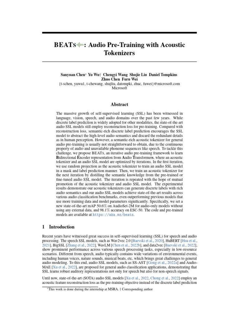 BEATS - AudioPre-Training With Acoustic Tokenizers | PDF | Data ...