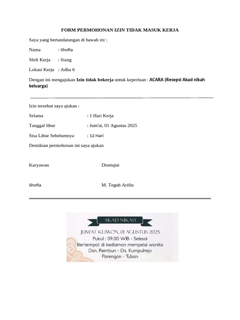 Form Permohonan Izin Tidak Masuk Kerja Shofia | PDF