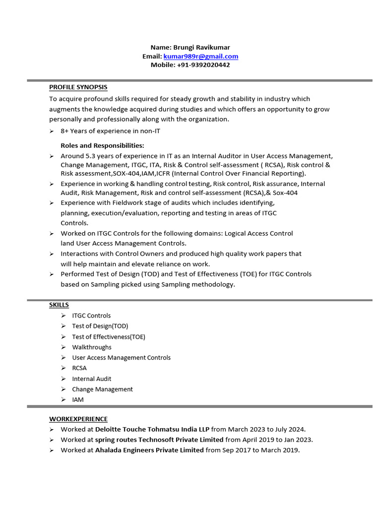 Brungi Ravikumar-SOX Resume. | PDF | Audit | Internal Control