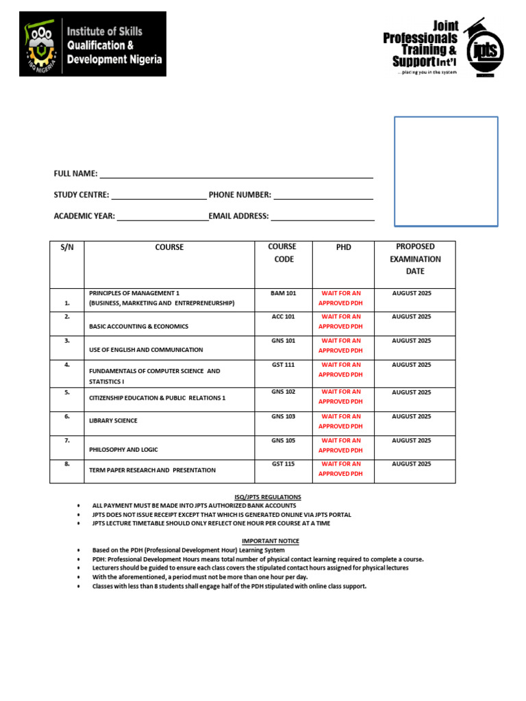 JPTS Exam 1 Course Registration 2025 | PDF | Science