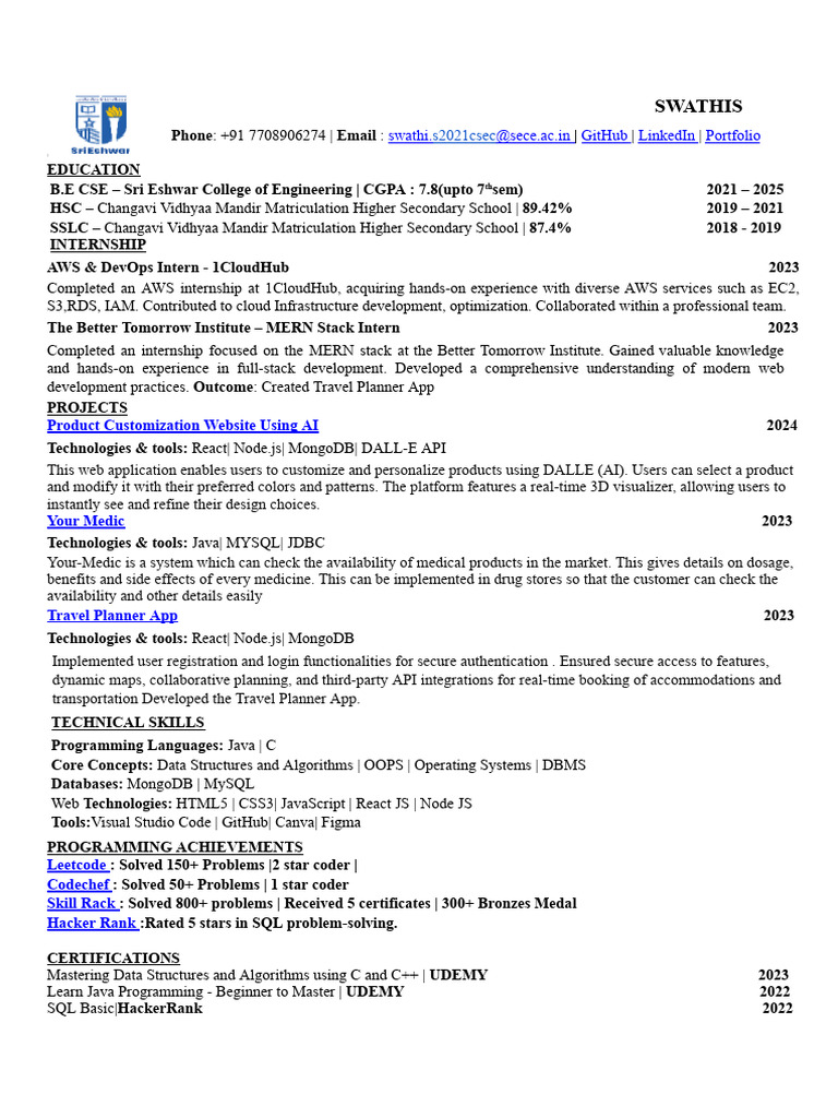 Swathi S - 21cs157 | PDF | Databases | Computer Programming