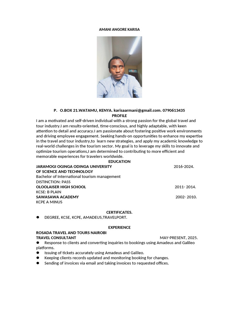 Amani Angore Karisa.docx Updated Cv | PDF | Tourism | Business