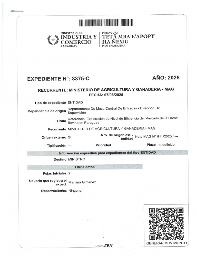 Exp #3375-C MAG Explorac Nivel Eficiencia Mercado de Carne Bovina en Py Nota MAG #911 | PDF