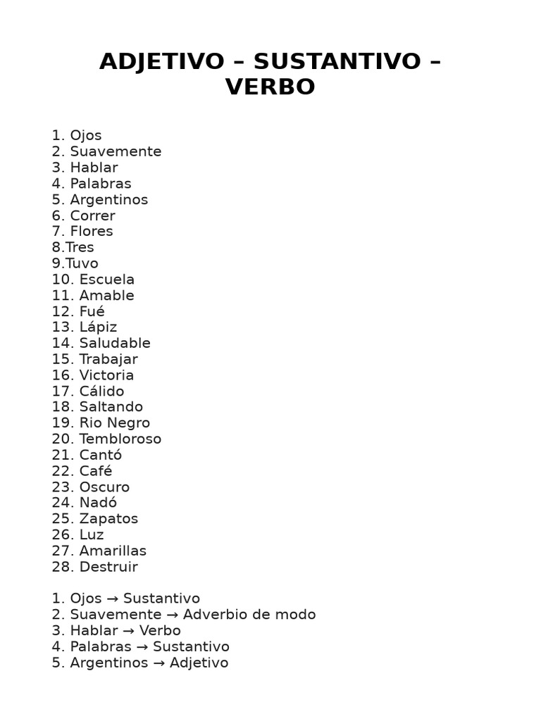 Adjetivo - Verbo - Sustantivo | PDF