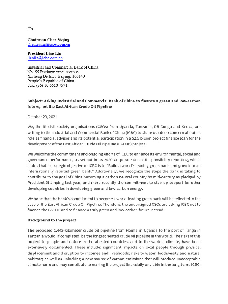 Eacop Icbc Open Letter Final | PDF | Natural Environment