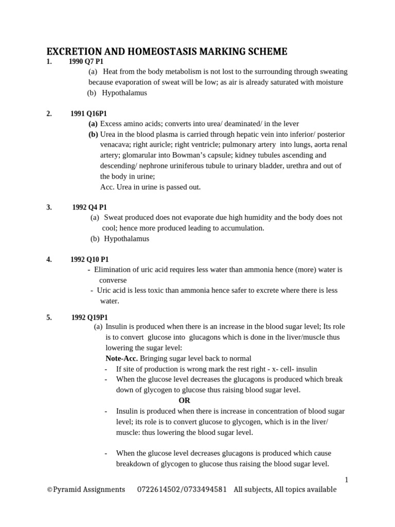 Excretion and Homeostasis Marking Scheme | PDF | Kidney