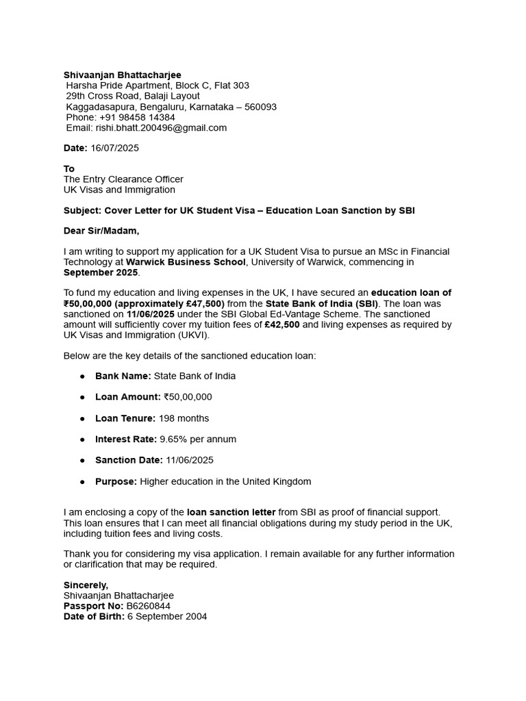 UK Student Visa Loan Evidence Cover Sheet | PDF
