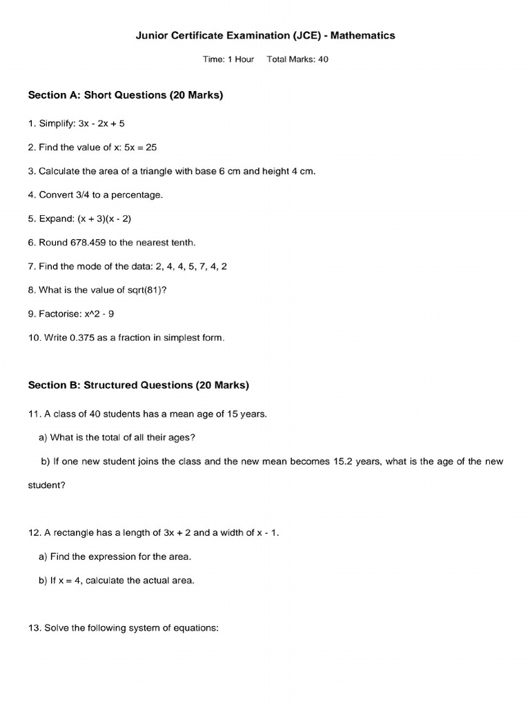 JCE Maths Paper | PDF