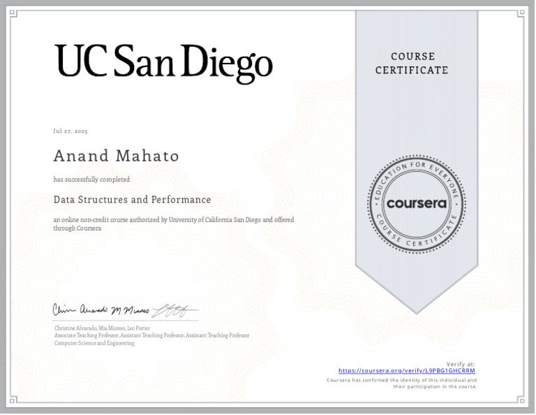 Data Structures and Performance Certificate | PDF