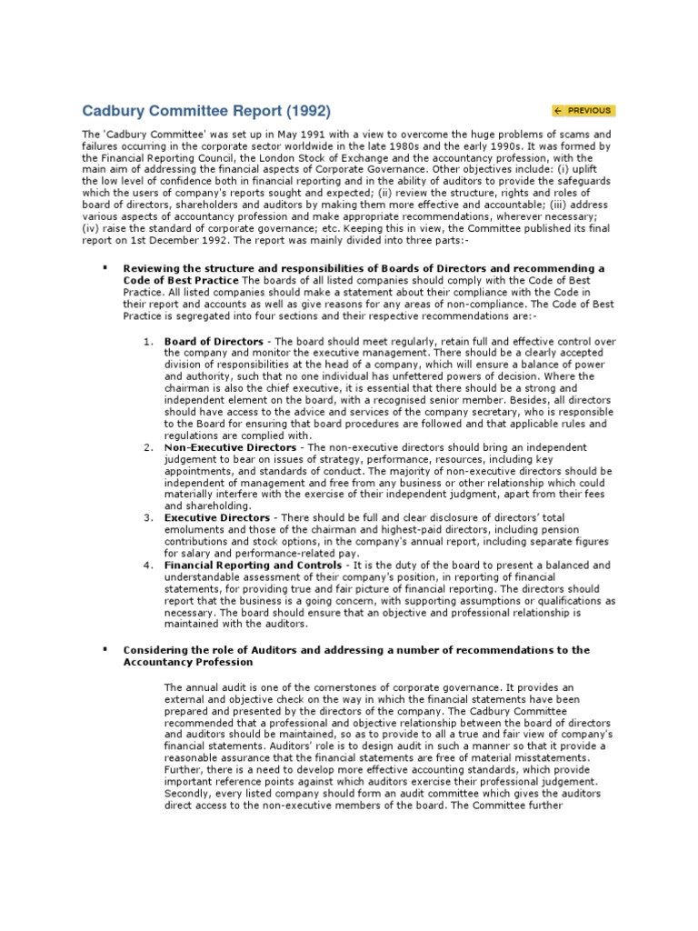 Cadbury Committee Report | PDF | Board Of Directors | Corporate Governance