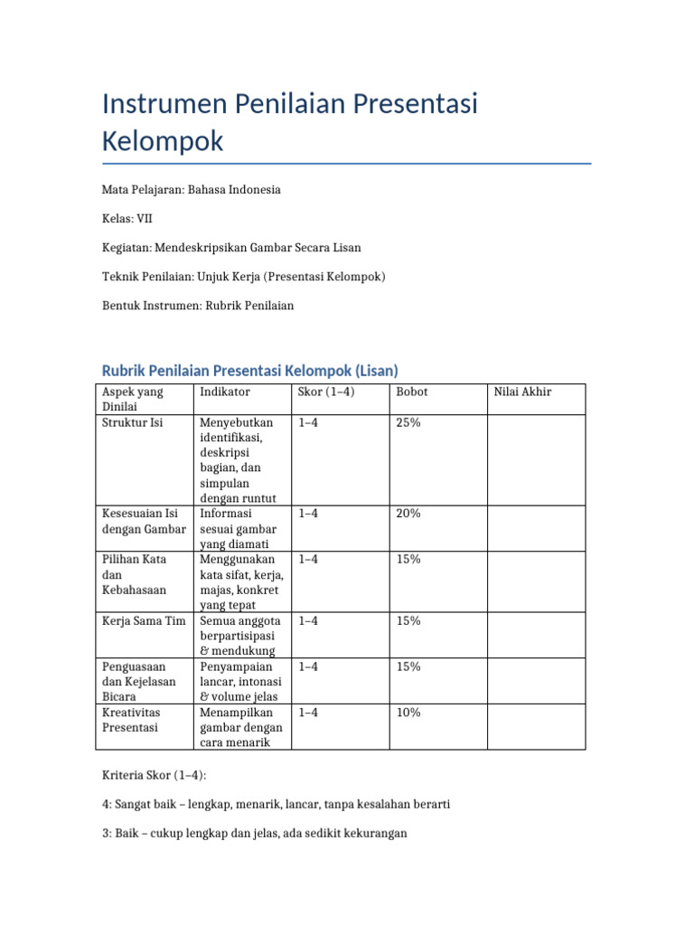 Instrumen Penilaian Presentasi Kelompok | PDF