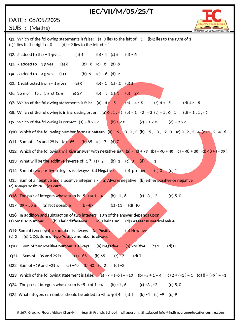 Class 7 TH Maths Test - 8.5.25 - 2 | PDF | Numbers | Abstract Algebra