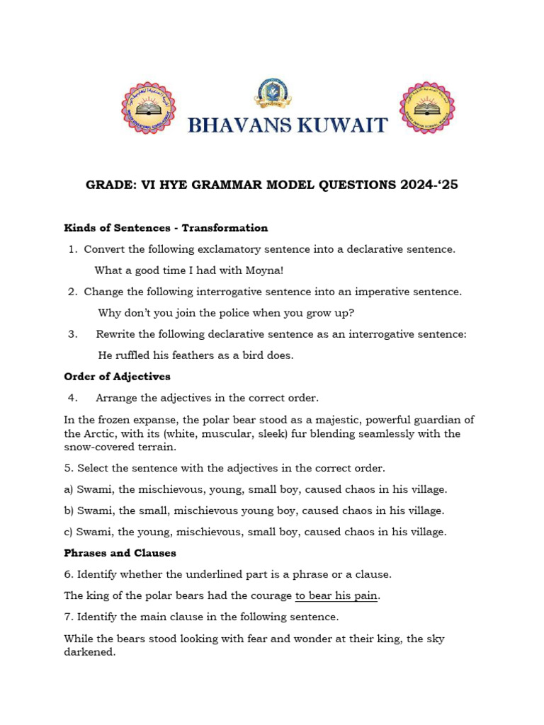 VI Grade Grammar Model Questions 2024 | PDF | Sentence (Linguistics ...