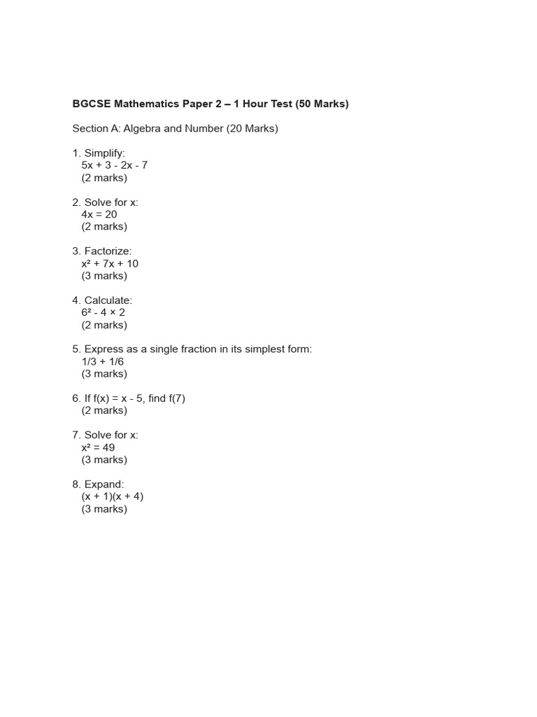 BGCSE Mathematics Paper 2 Test | PDF