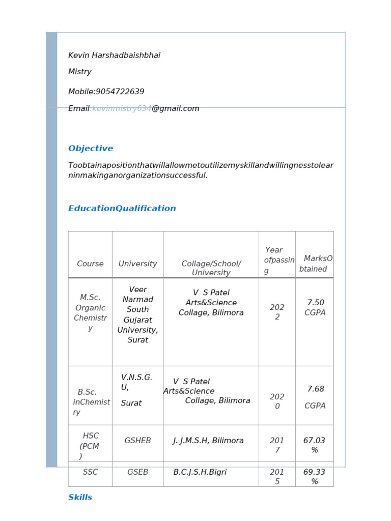 Kevin Mistry's Resume: Organic Chemistry Graduate | PDF