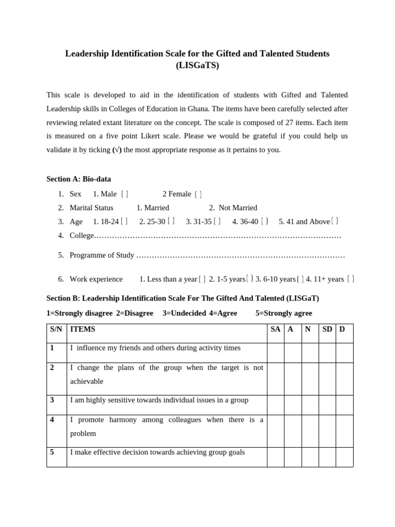 Leadership Scale for Gifted Students | PDF | Factor Analysis ...