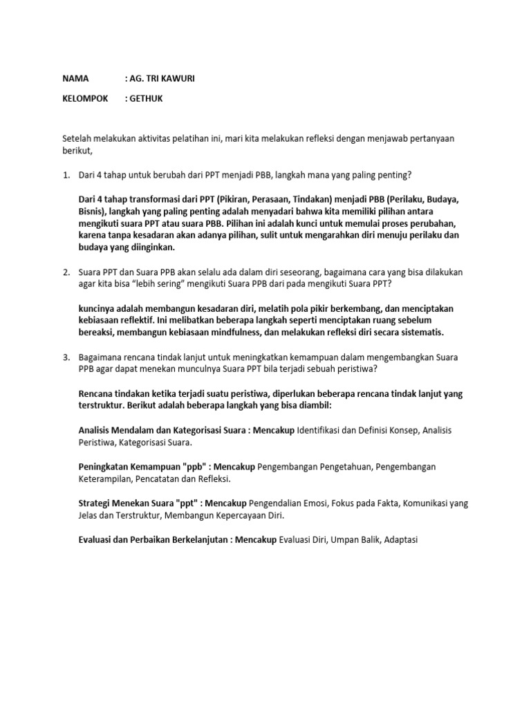 IN1.1.3. Kegiatan Pelatihan Luring 2 - Refleksi Akhir - AG TRI KAWURI | PDF