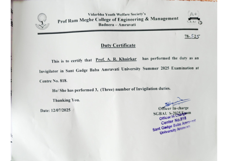 Duty Certificate s2025 | PDF