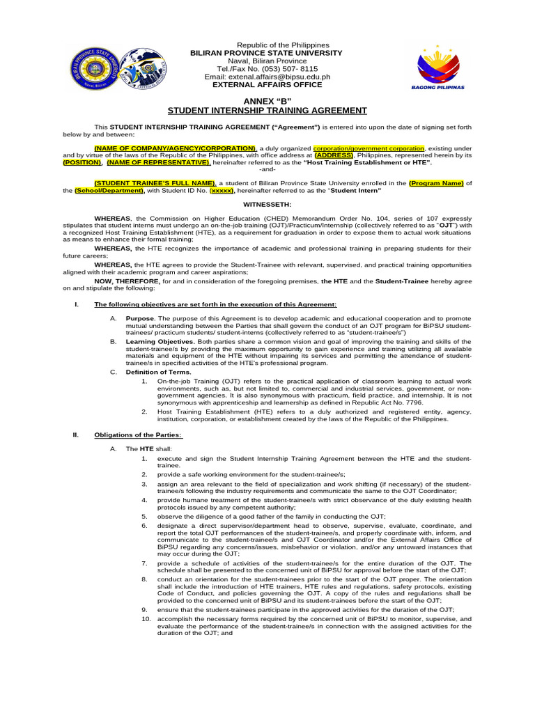 Annex B Student Internship Training Agreement | PDF | Arbitration | Justice