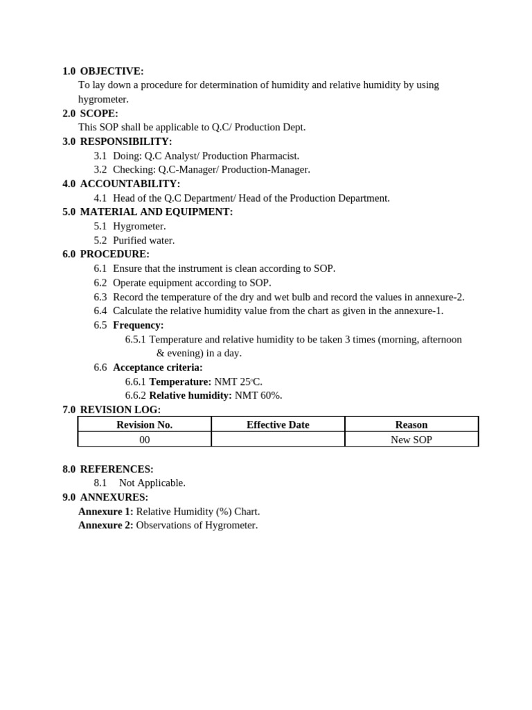 Hygrometer Humidity Measurement SOP | PDF