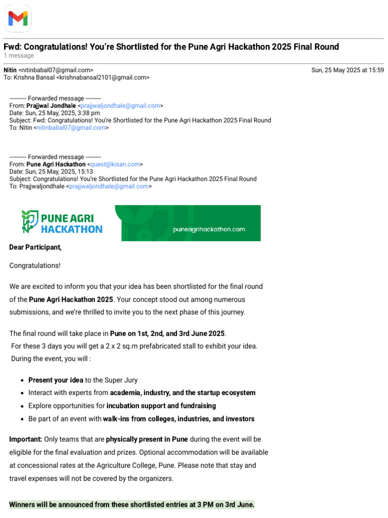 Gmail - FWD - Congratulations! You'Re Shortlisted For The Pune Agri Hackathon 2025 Final Round | PDF