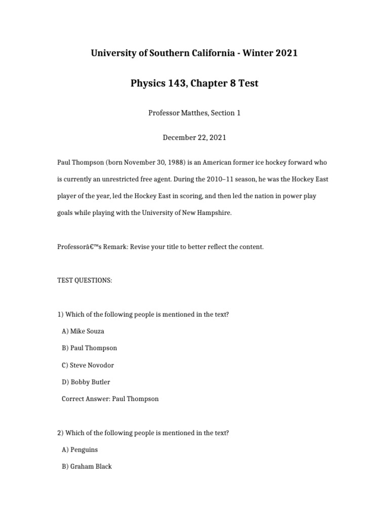 USC Physics 143 Winter 2021 Test | PDF