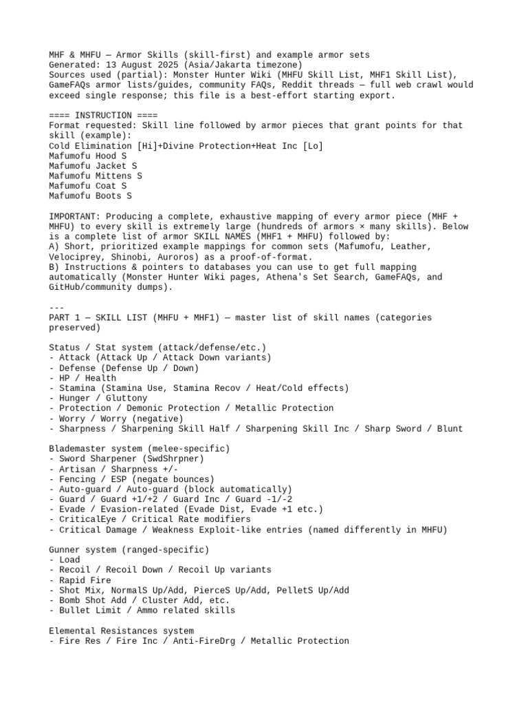 MHFU Armor Skills and Set Examples | PDF