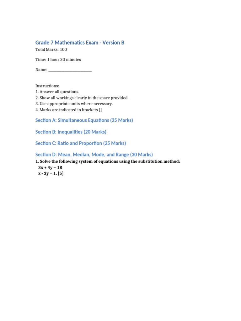 Grade 7 Math Exam: Simultaneous Equations & More | PDF | Mathematics