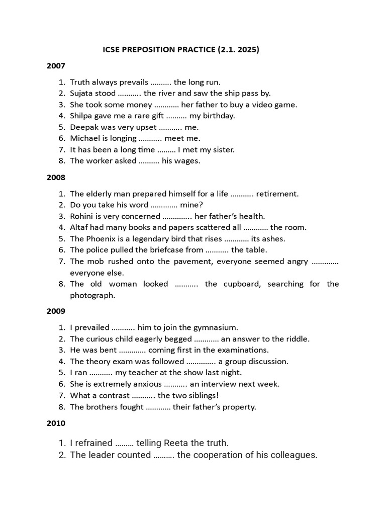 ICSE Preposition Exercises 2007-2019 | PDF