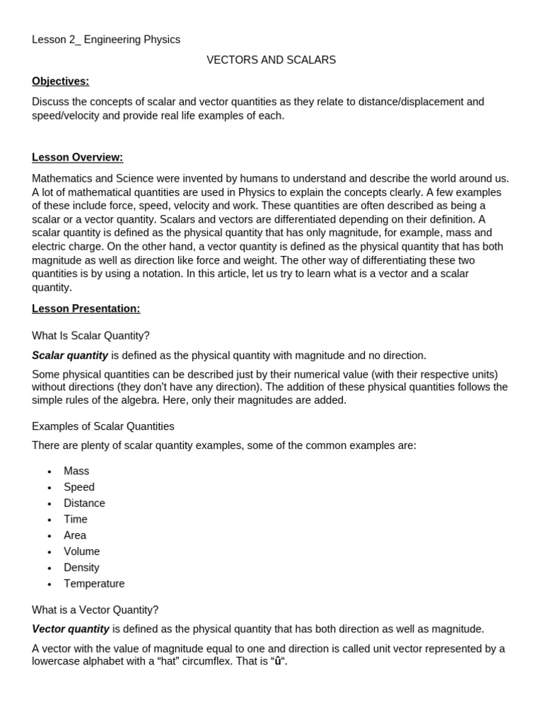 Lesson 2 Vectors and Scalar | PDF | Euclidean Vector | Force