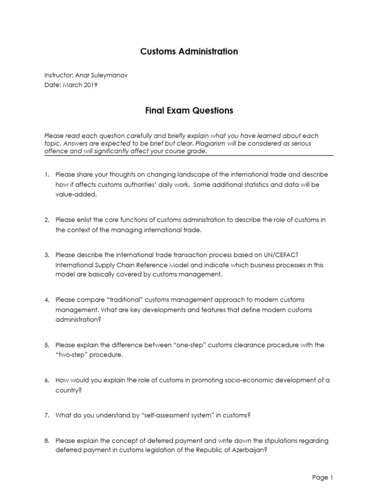 Customs Administration Final Exam Guide | PDF | Customs
