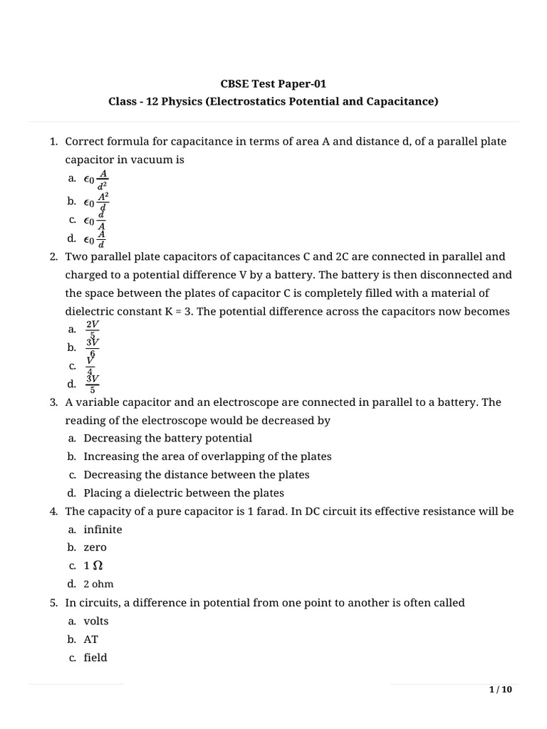 CBSE Class 12 Physics: Electrostatics Test | PDF | Capacitance | Capacitor