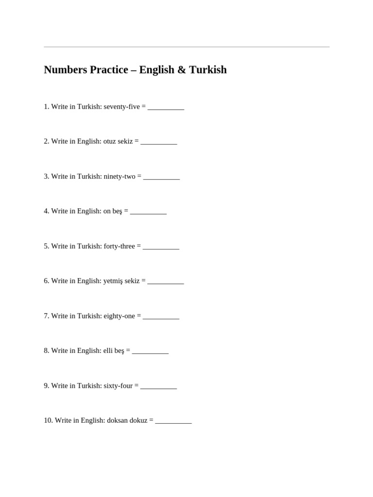 Numbers Practice - English & Turkish | PDF