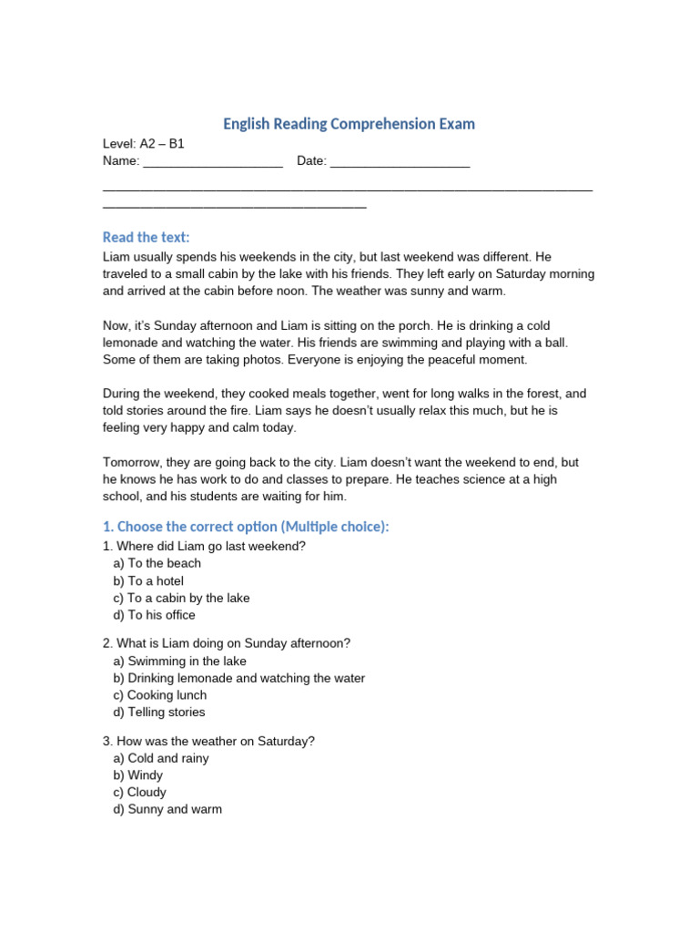 Liam Reading Comprehension Exam | PDF