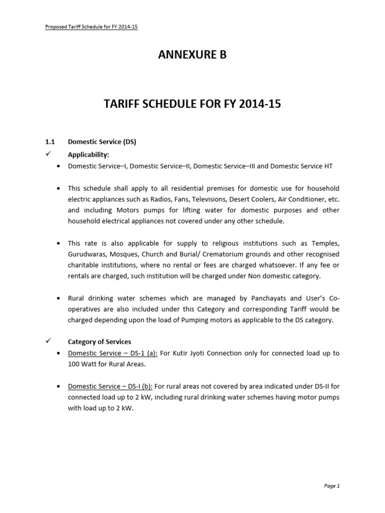 ANNEXURE B - Tariff Schedule | PDF | Alternating Current | Watt