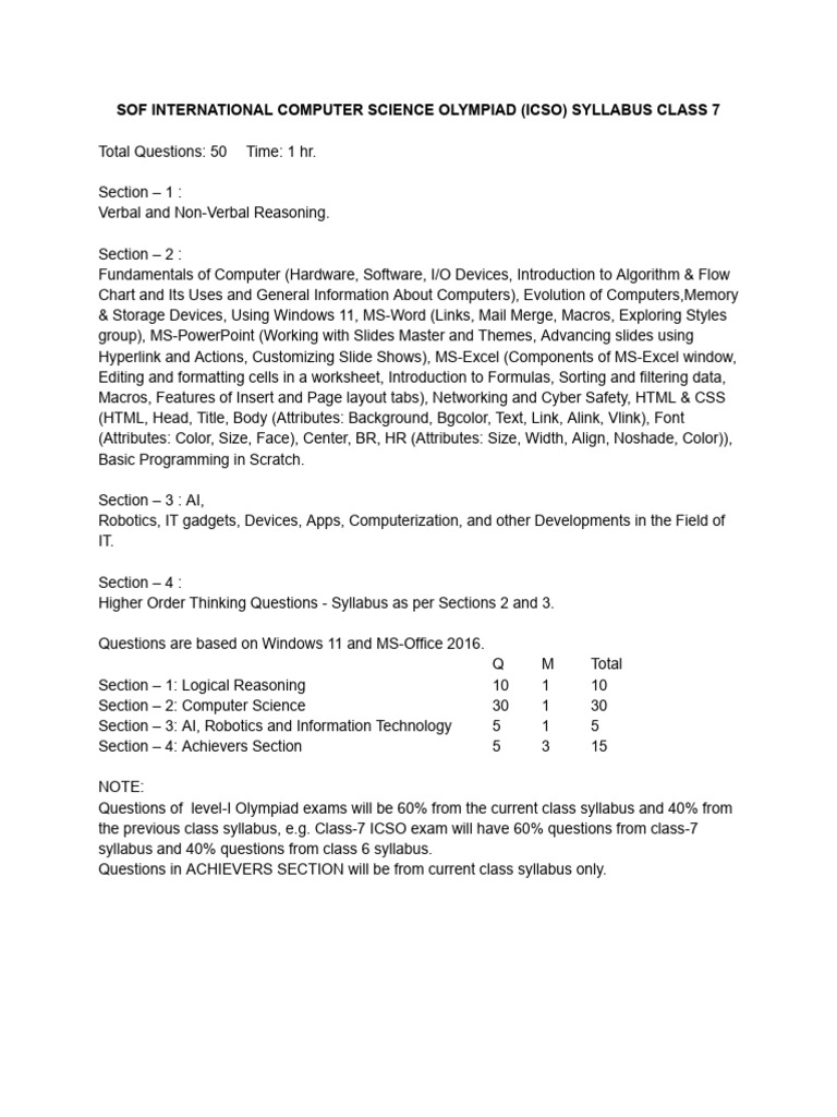 Class 7 Olympiad Syllabus Overview | PDF | Verb | Microsoft Excel