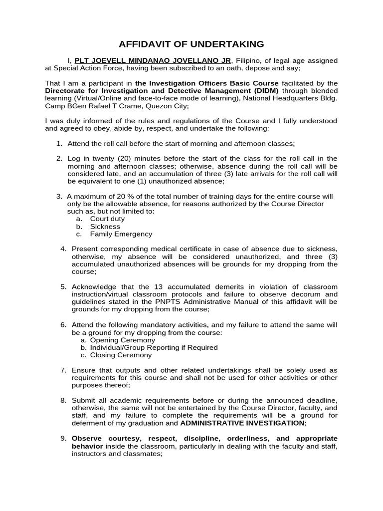 Affidavit of Undertaking 1 1 2 | PDF