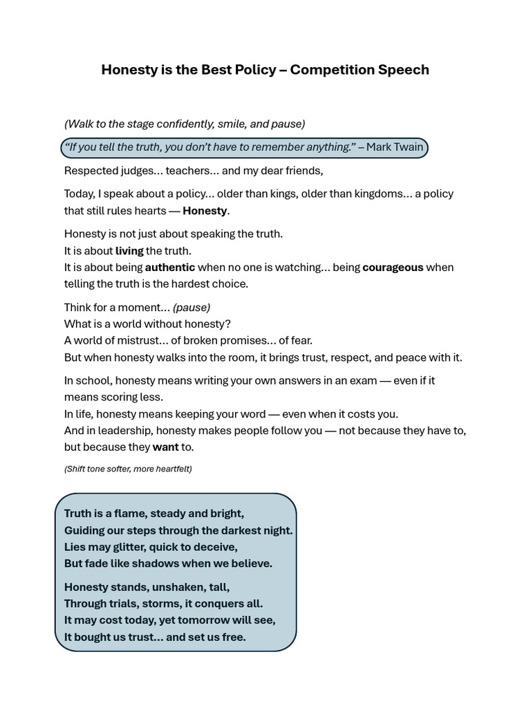 Honesty: The Best Policy Speech | PDF