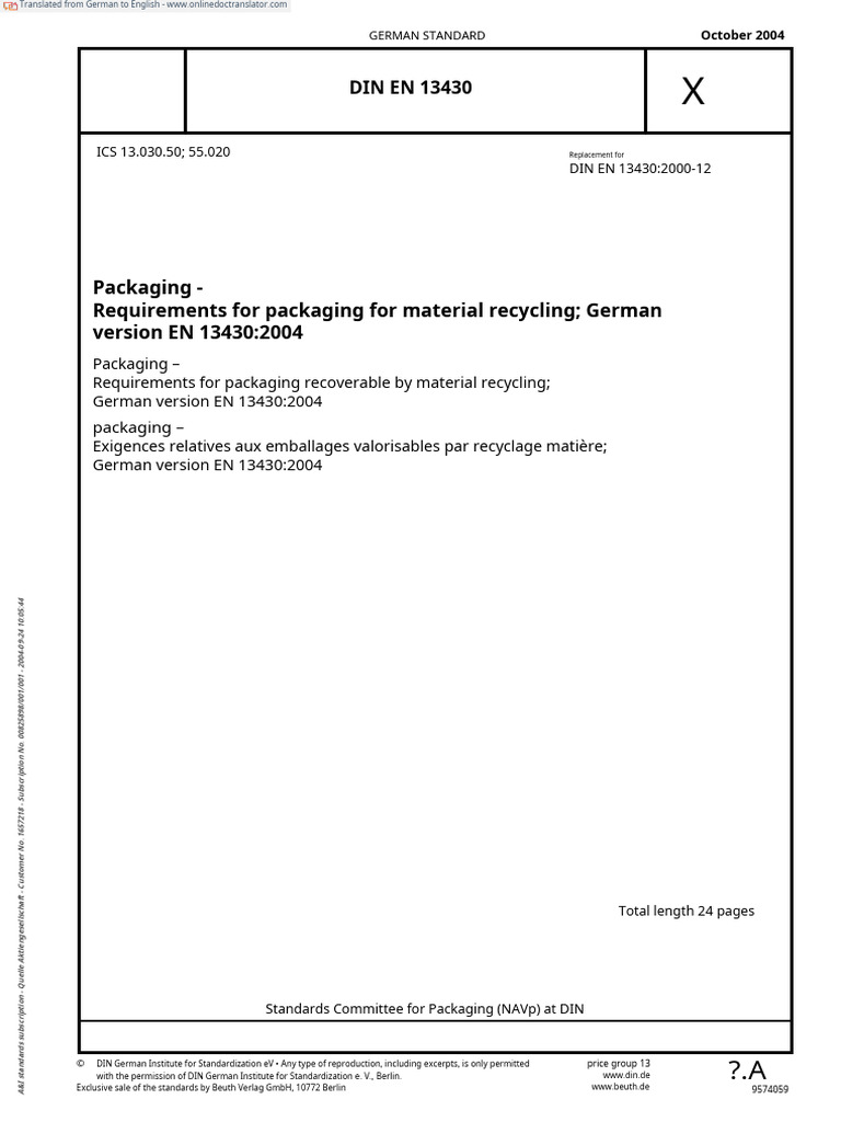 EN 13430:2004 Packaging Standards | PDF | Recycling | Waste