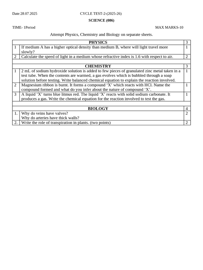 Science Cycle Test 2025-26 Questions | PDF