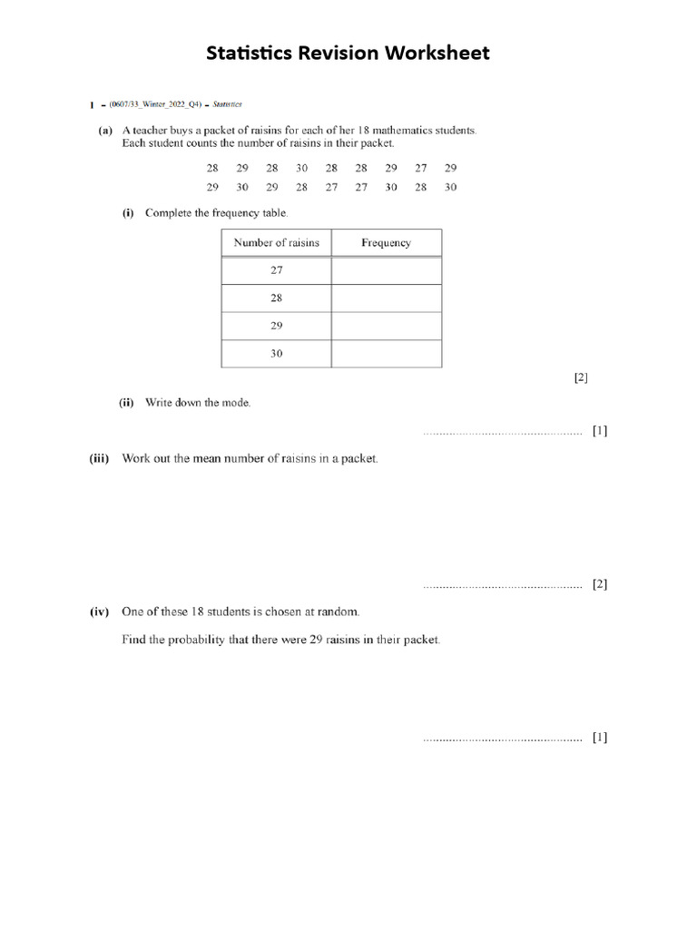 Statistics Revision Worksheet Guide | PDF