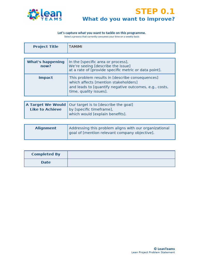 Step 0.1 Lean Project Problem Statement-Template | PDF | Performance Indicator | Goal