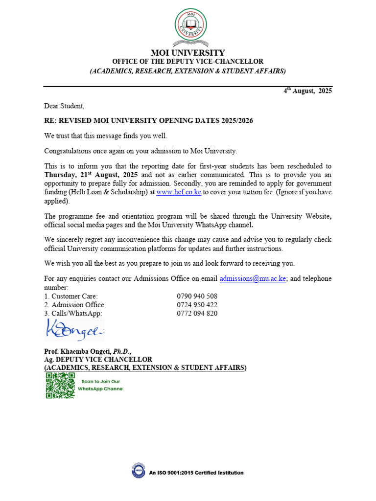Moi University 2025 First-Year Dates | PDF