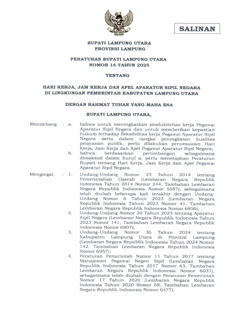 Salinan - Perbup Nomor 16 Tahun 2025 Tentang Hari Kerja, Jam Kerja Dan Apel ASN Di Lingkungan ...